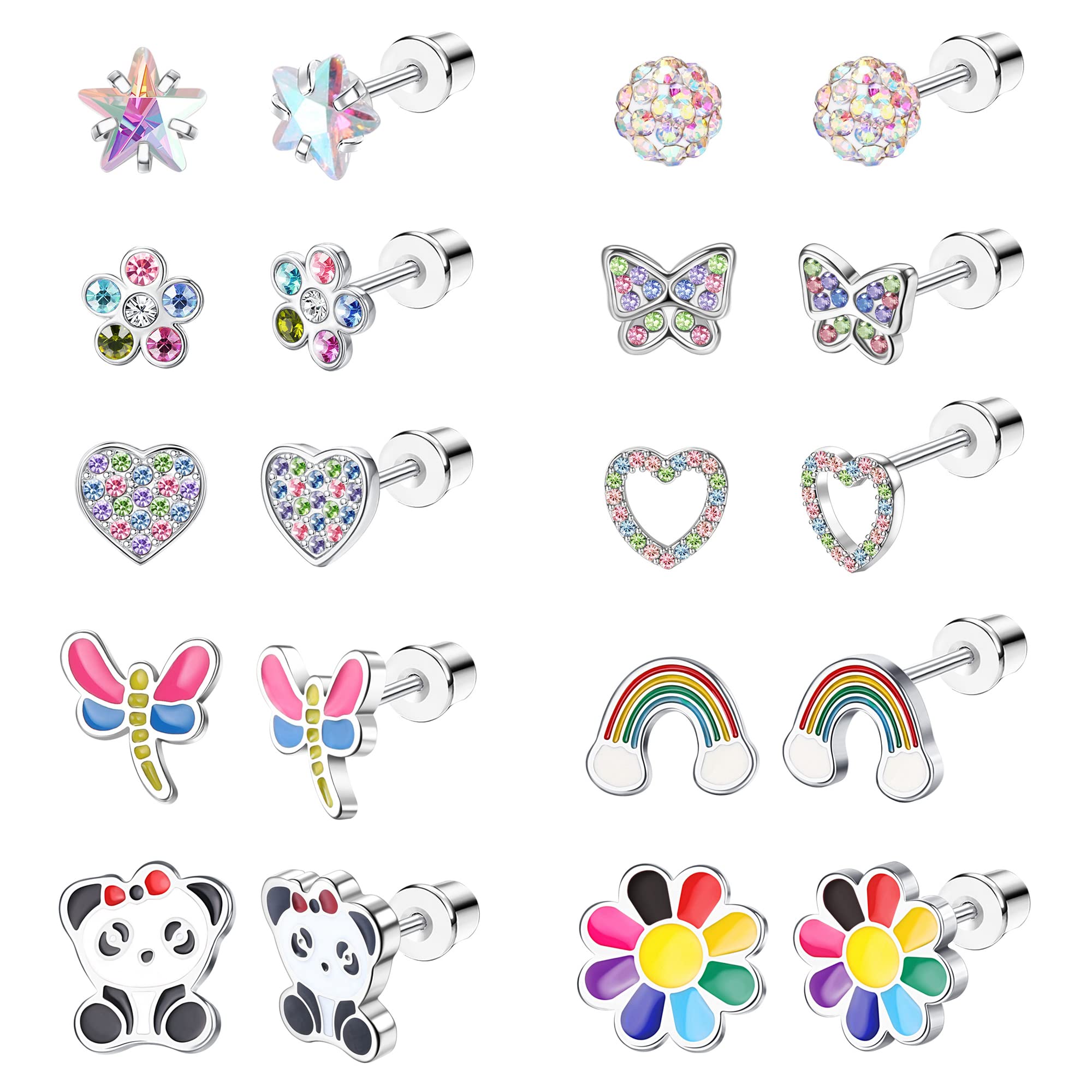 Finrezio 10 Pairs Hypoallergenic Screw Back Earrings for Women Girls Stainless Steel Colorful Heart Flower Butterfly Rainbow Stud Earrings Shiny CZ Screwback Stud Earring Set Age:over 3 years old