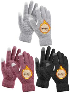 kuttor 3 pairs women's winter knit plush gloves touch screen gloves thermal cable knit wool fleece lined touchscreen mittens