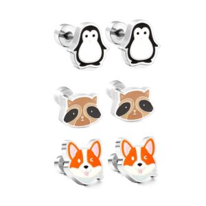 20g welsh corgi raccoon penguin tiny small stud earrings for women cartilage tragus sensitive ear flat back cute stainless steel dog animal studs hypoallergenic sleeper huggie piercing post fashion jewelry gifts bff birthday daughter xmas 3 pairs set