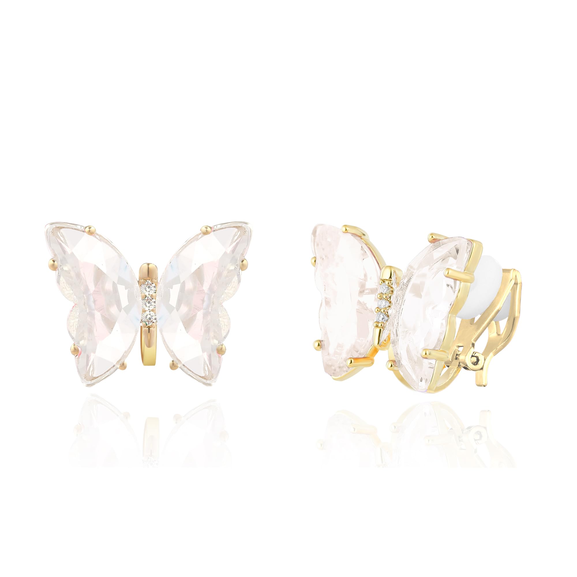 YOQUCOL Butterfly Shape Transparent Crystal Clip On Earrings Gold Non Pierced Golden Stud for Women