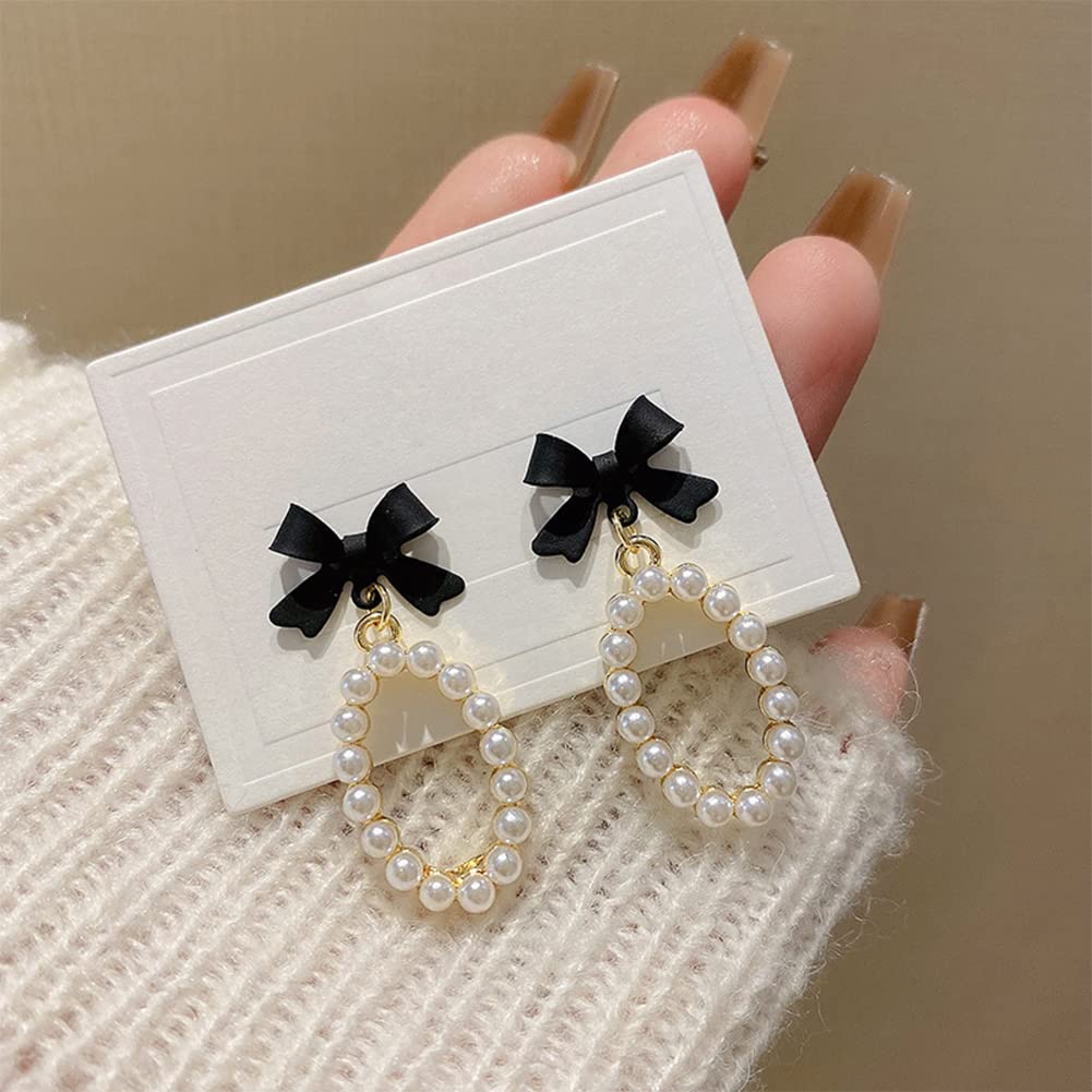 Channel V Black Bow Dangle Earrings Sweet Vintage Pearl Earrings Luxury Crystal Princess Style Elegant Rhinestone Bows Cute Copper Bear Drop Earrings Lightweight Fashion Wedding Jewelry Birthday