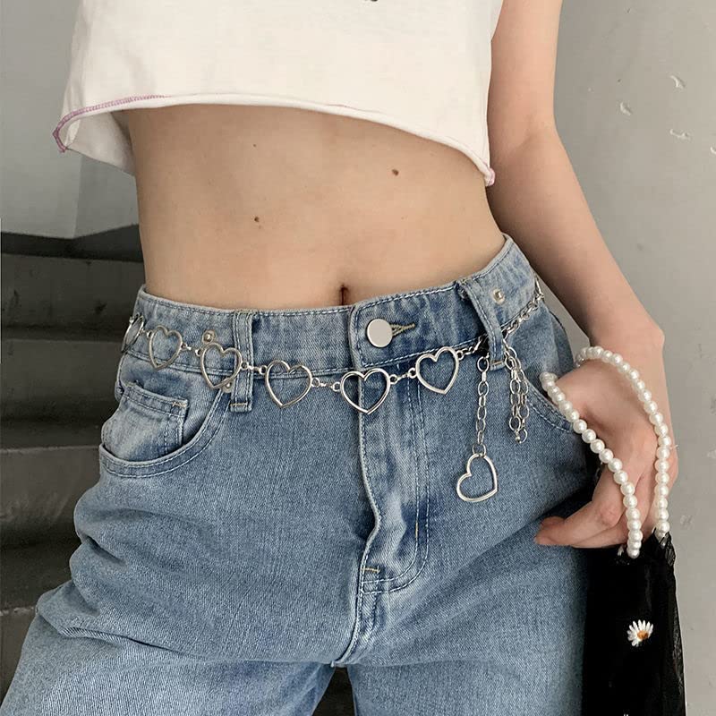 Kefley Heart Waist Chain Belt with Long Tassel Tail Body Belly Chains Silver Geometric Heart Waist Belts Y2K Chain for Dresses Pants Skirt Trousers Jeans Chain Accessories