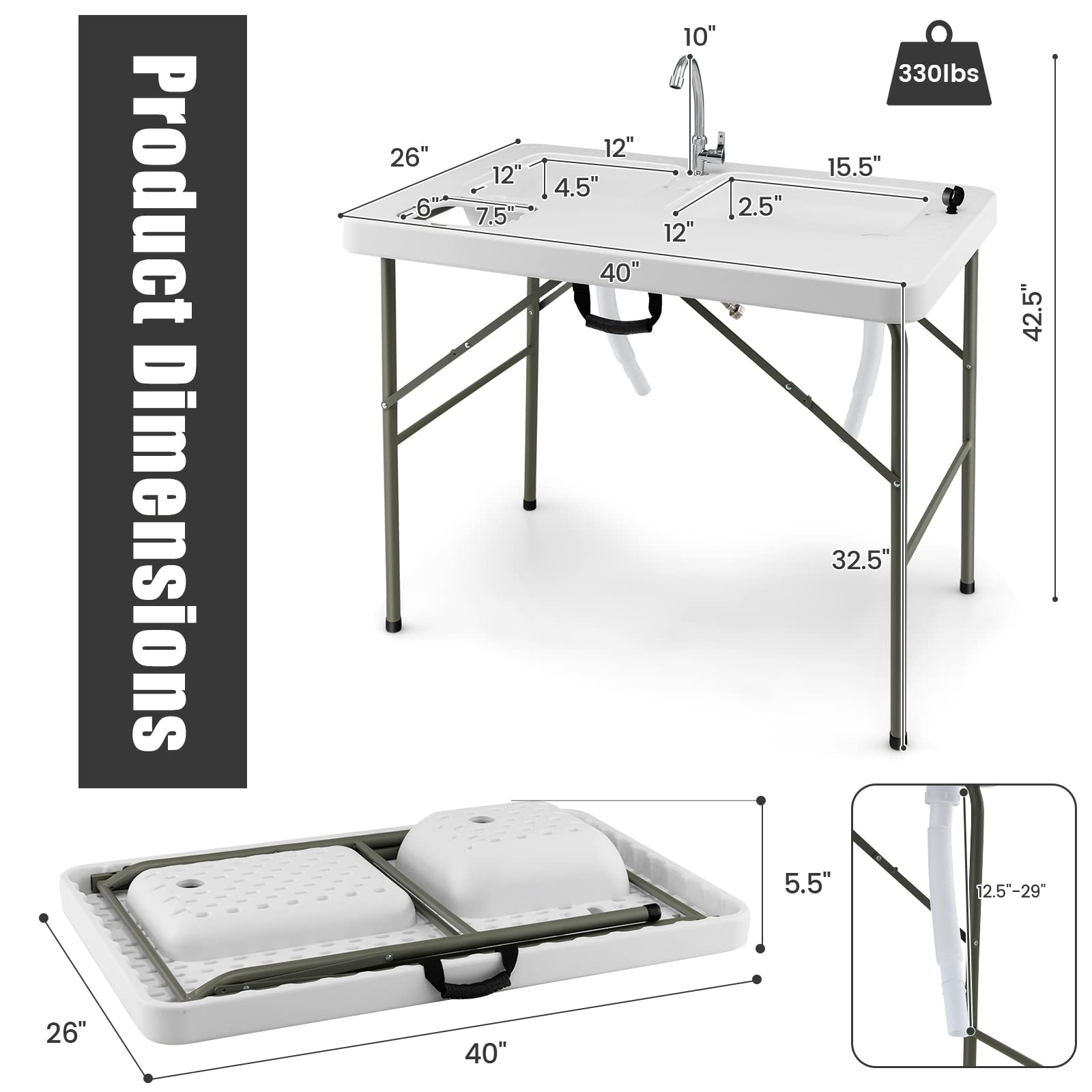 Giantex Fish Cleaning Table w/ 2 Sinks, Faucet, Hose Hook Up, Portable Folding Camping Table w/Measure Mark, Outdoor Fillet Cleaning Station for Fishing Beach Picnic (with Water Hose Holder)