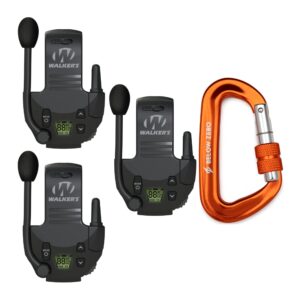 walker's tactical/hunting 2-mile range walkie talkie for razor muffs (3-pack) bundle with heavy-duty carabiner (4 items)