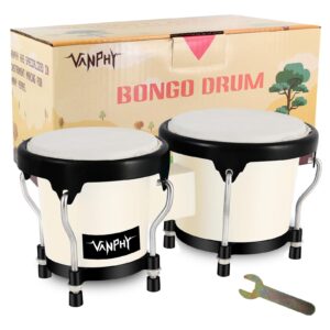 vanphy bongo drum 4'' and 5'' set for adults beginners tunable natural skin bongos percussion instruments with tuning wrench and gift box (white)