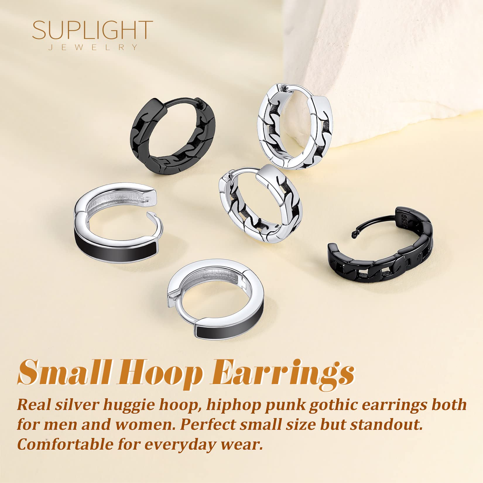 Suplight 925 Sterling Silver Black Chain Huggie Earrings, 10mm Curb Cuban Link Chain Hoop Earrings for Men Women