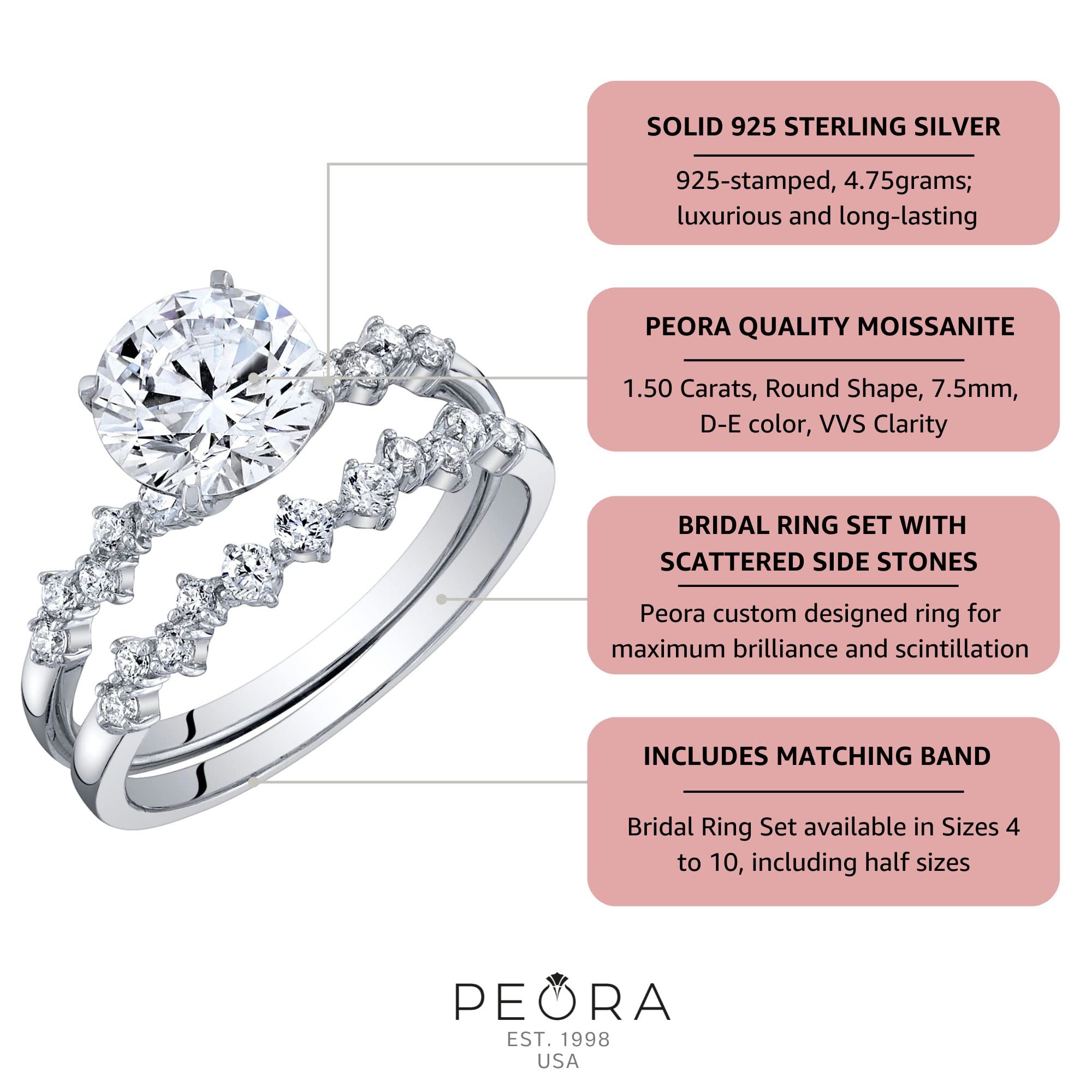 PEORA 1.50 Carats Moissanite Engagement Ring and Wedding Band Bridal Set Scattered Side Stones 925 Sterling Silver, Round Brilliant Shape, D-E Color, VVS Clarity, Size 10