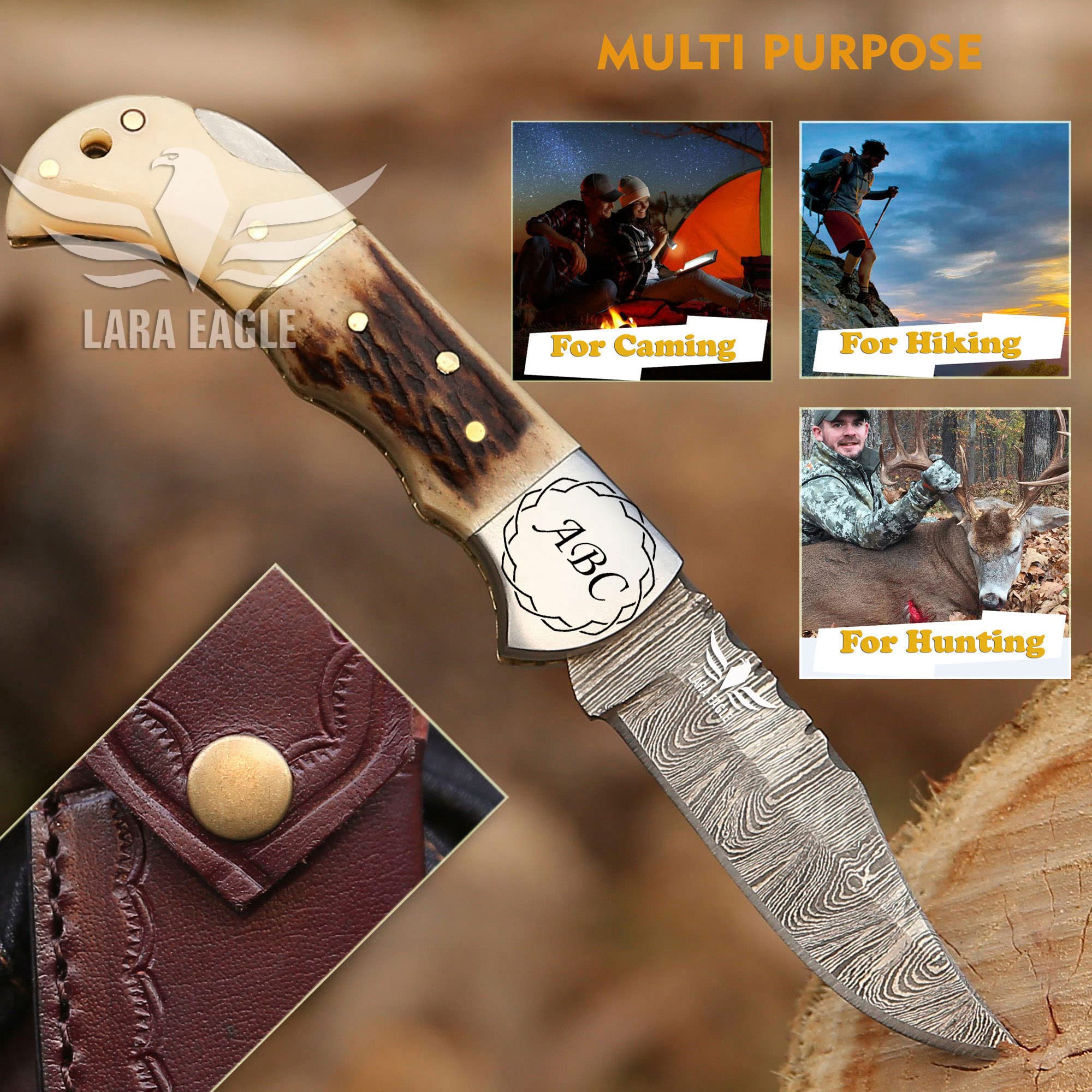 Lara Eagle Personalised Damascus Pocket Knife for Men - 133 Layer Solid Steel Handmade Folding Hunting Knives with Sharpner and Leather Pouch - Best Knife for Camping Hunting Hiking - Father’s Day Gifts for Men Husband Dad