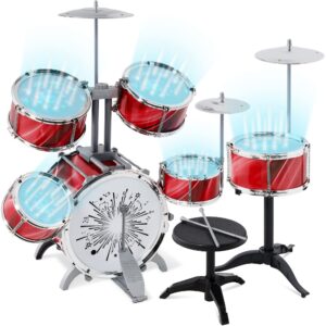 best choice products 18-piece kids beginner drum kit, musical instrument toy drum set for music practice w/led lights, bass, toms, snare, cymbal, stool, stand drumsticks - red