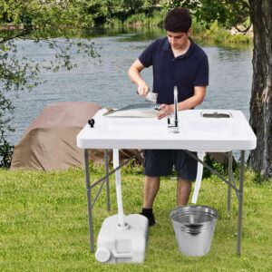 Giantex Fish Cleaning Table w/ 2 Sinks, Faucet, Hose Hook Up, Portable Folding Camping Table w/Measure Mark, Outdoor Fillet Cleaning Station for Fishing Beach Picnic (with Water Hose Holder)