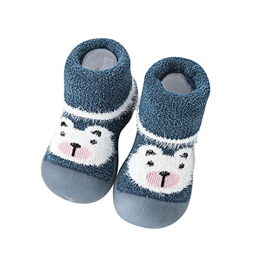 Infant Boys Girls Animal Cartoon Socks Shoes Toddler Fleece WarmThe Floor Socks Non Slip Prewalker Toddler Slippers (Navy, 18-24 Months)