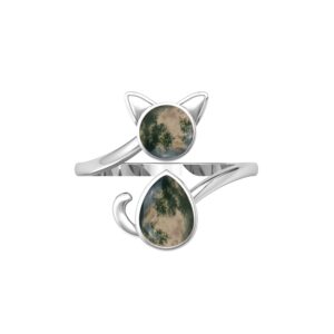 dhruvansh creations 925 sterling silver silver cat promise moss agate gemstone ring - cat jewelry, cat lovers gift for men, women, cat lady gift, mother, daughter (10.5, silver)