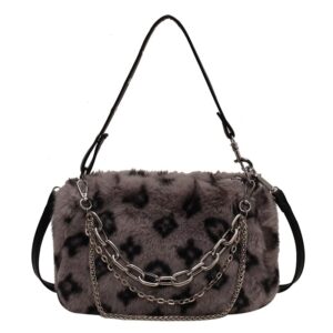 2022 new leopard print plush shoulder cross-body bag fashion chain one-shoulder armpit tote y2k purse hobo bag (grey)