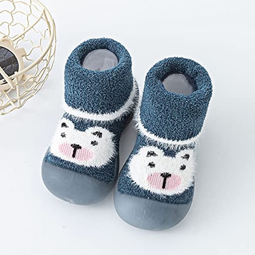 Infant Boys Girls Animal Cartoon Socks Shoes Toddler Fleece WarmThe Floor Socks Non Slip Prewalker Toddler Slippers (Navy, 18-24 Months)