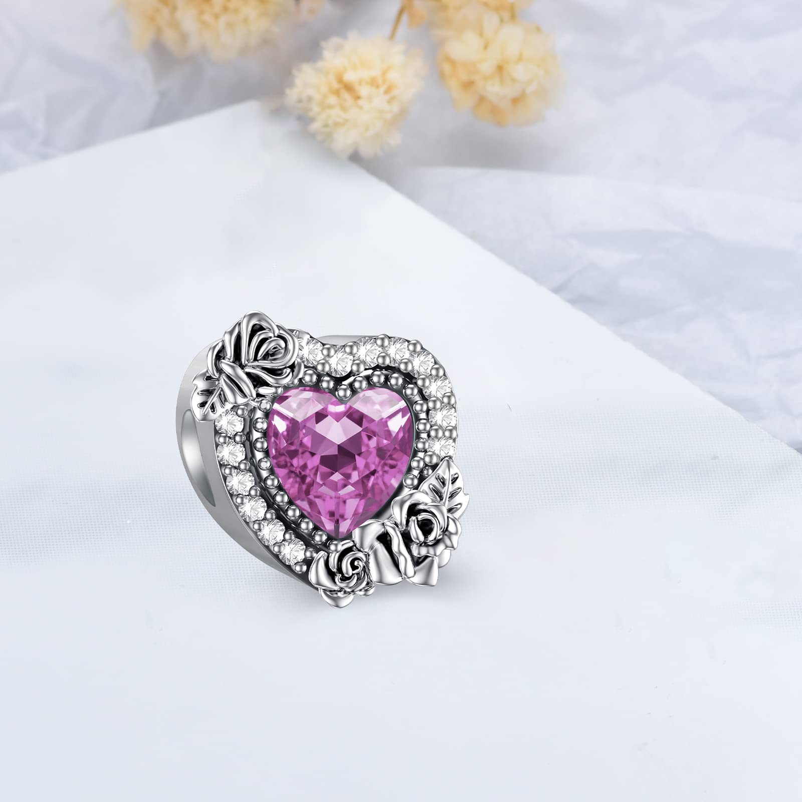 LELOUCHY Birthstone Charms for Bracelets, Rose 925 Sterling Silver Love Heart Bead Pendant, Happy Birthday Mother's day Jewelry Gifts for Women-10