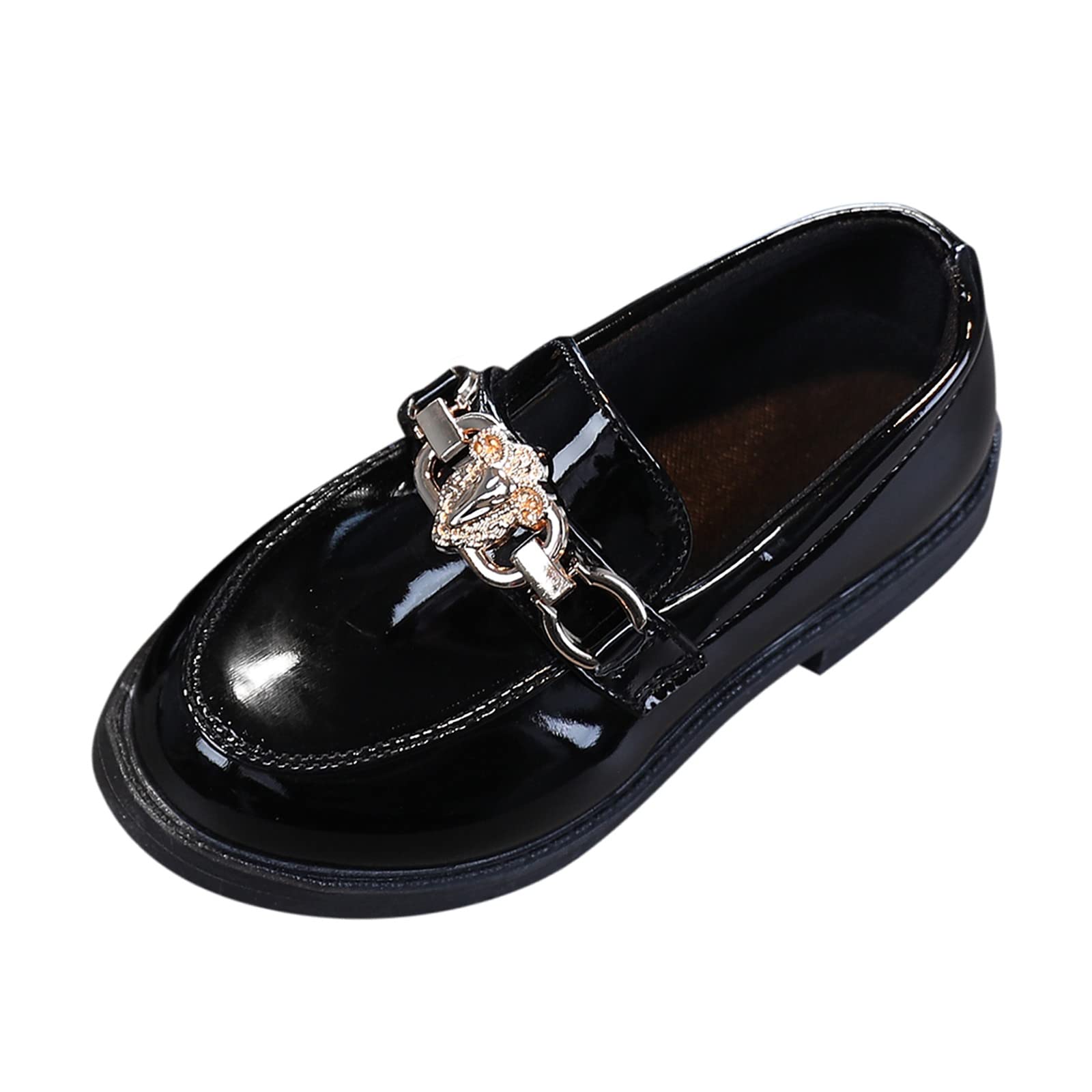 Girls Slip On Leather Shoes Loafer Rhinestone Decoration Flats School Dress Shoes for Girls Toddler Slippers Boys (Black, 3.5-4 Years Toddler)