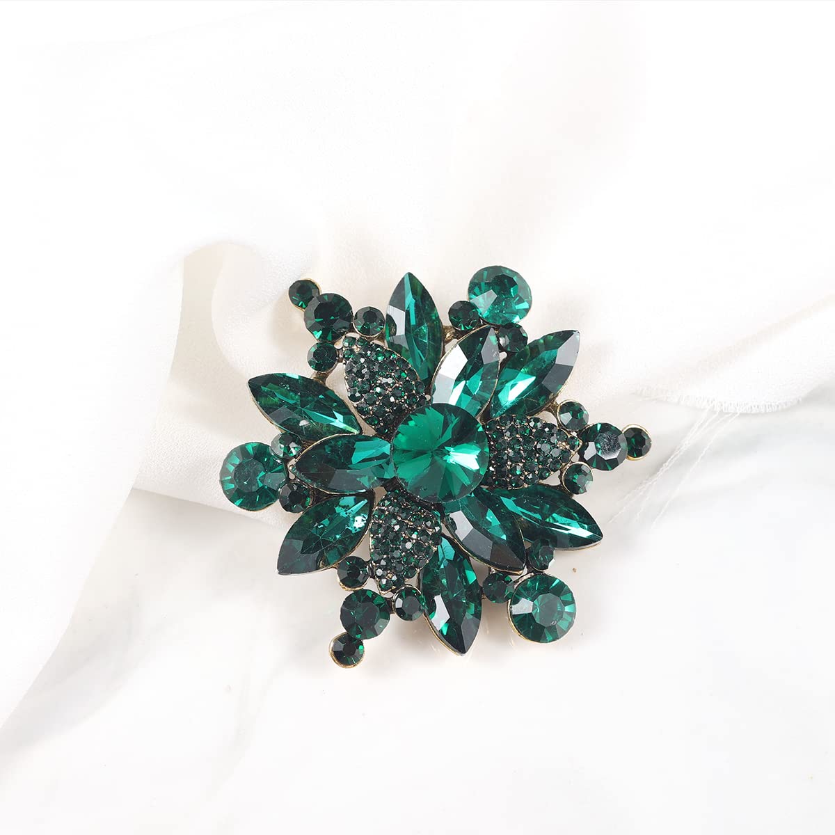 YOQUCOL Vintage Dark Green Austrian Crystal Rhinestone Flower Shape Brooch Pin For Women