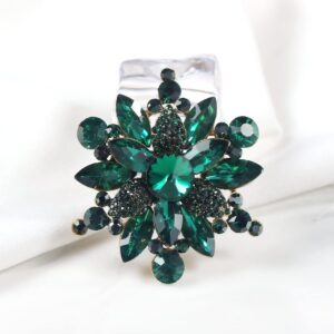 YOQUCOL Vintage Dark Green Austrian Crystal Rhinestone Flower Shape Brooch Pin For Women