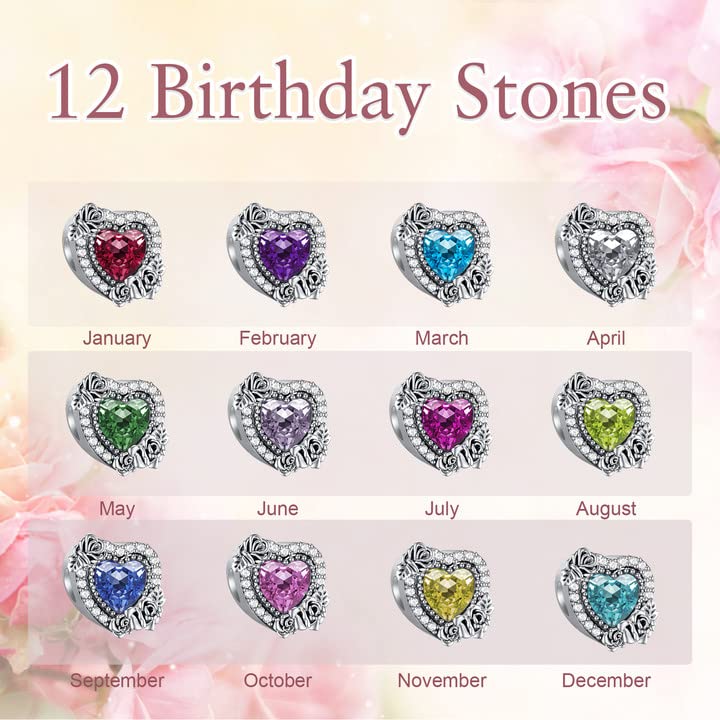 LELOUCHY Birthstone Charms for Bracelets, Rose 925 Sterling Silver Love Heart Bead Pendant, Happy Birthday Mother's day Jewelry Gifts for Women-10