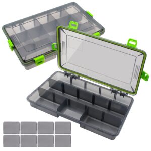 gefischtter 2pcs fishing tackle boxes storage box organizer with removable dividers clear waterproof transparent storage trays for fishing lures, baits, hooks (transparent grey)