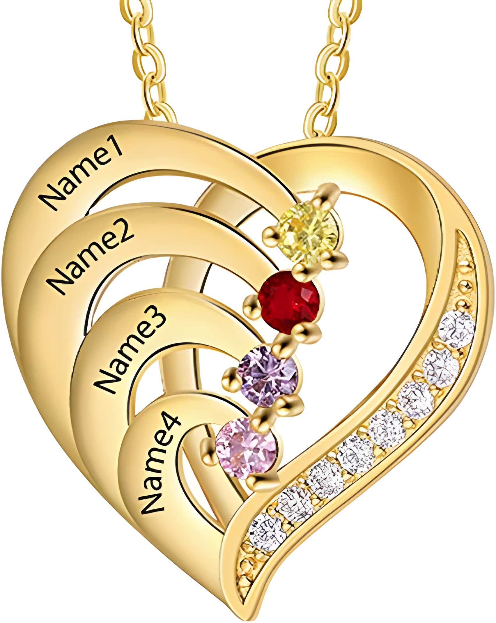 YOOSHINING Personalized Mother Necklace with 4 Birthstones Heart Necklace for Women Mom Pendant Necklaces Custom 4 Name 4 Birthstone Necklaces for Women Mother Mama Grandma Nana Mother's Day Gifts