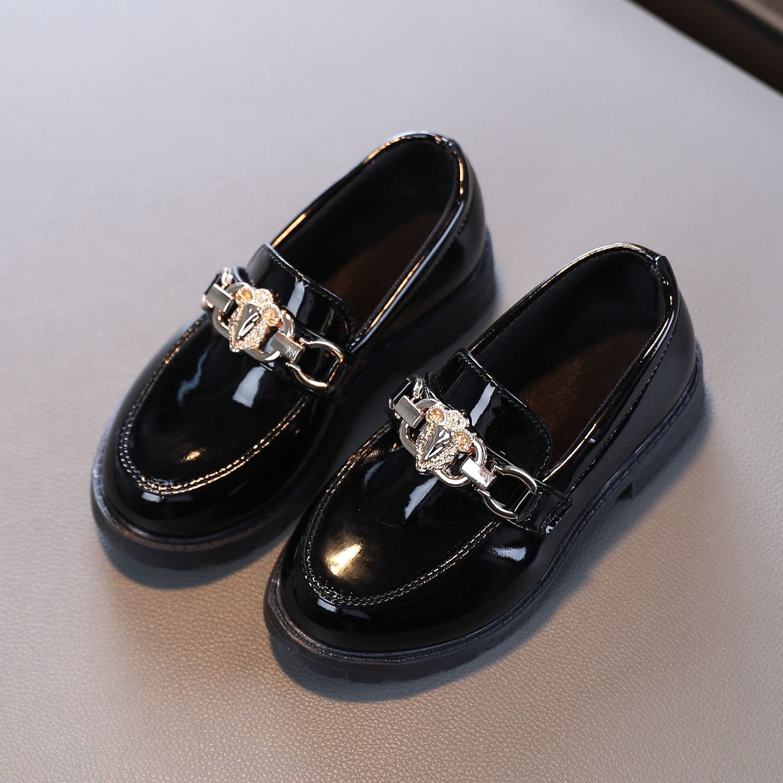 Girls Slip On Leather Shoes Loafer Rhinestone Decoration Flats School Dress Shoes for Girls Toddler Slippers Boys (Black, 3.5-4 Years Toddler)