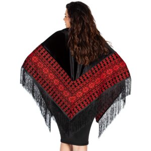 palestinian tatreez (embroidery) shawl made in hebron featuring the classic red and black tatreez colors