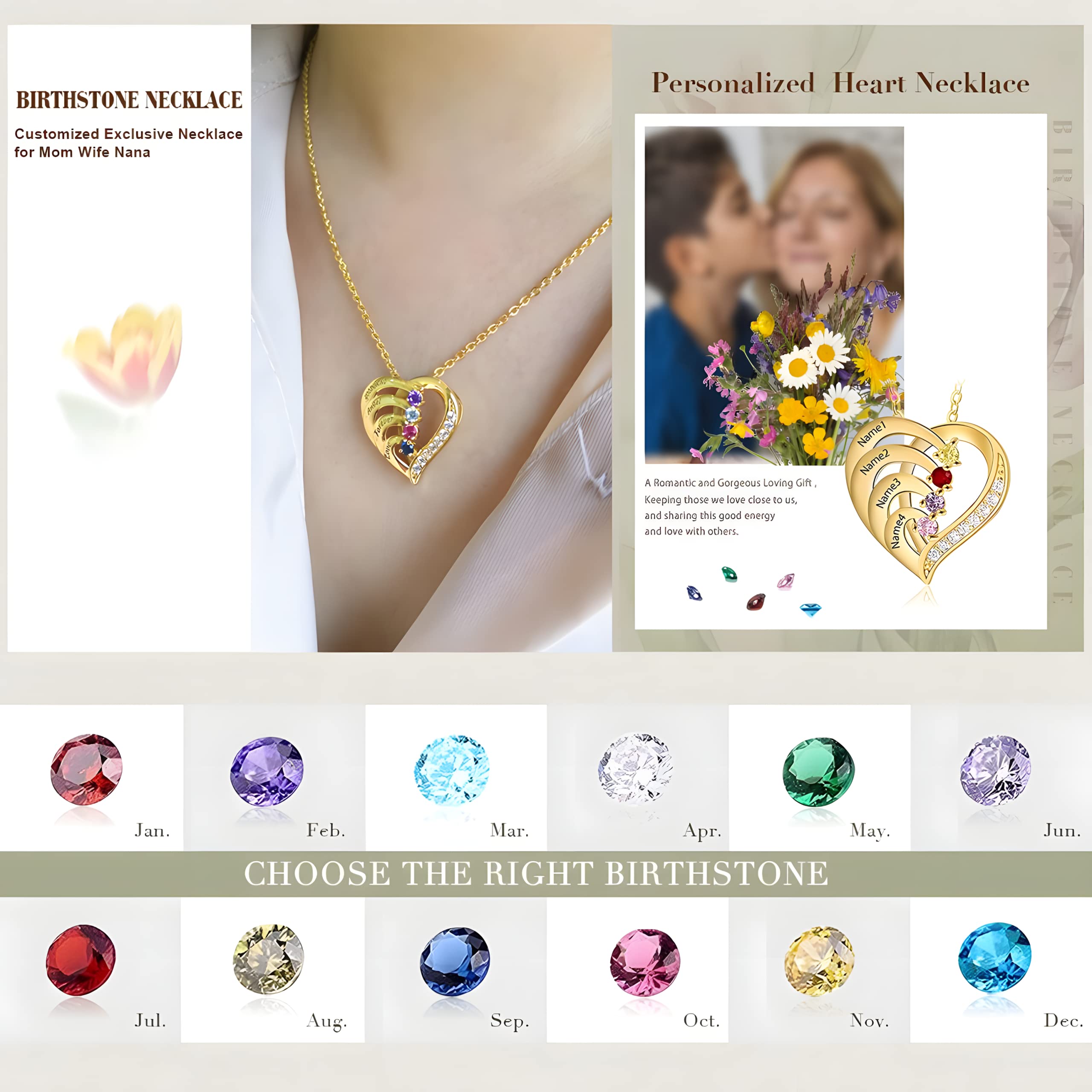 YOOSHINING Personalized Mother Necklace with 4 Birthstones Heart Necklace for Women Mom Pendant Necklaces Custom 4 Name 4 Birthstone Necklaces for Women Mother Mama Grandma Nana Mother's Day Gifts