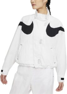 nike women's sportswear swoosh repel oversized jacket size (as1, alpha, s, regular, regular, white/black swoosh, small)