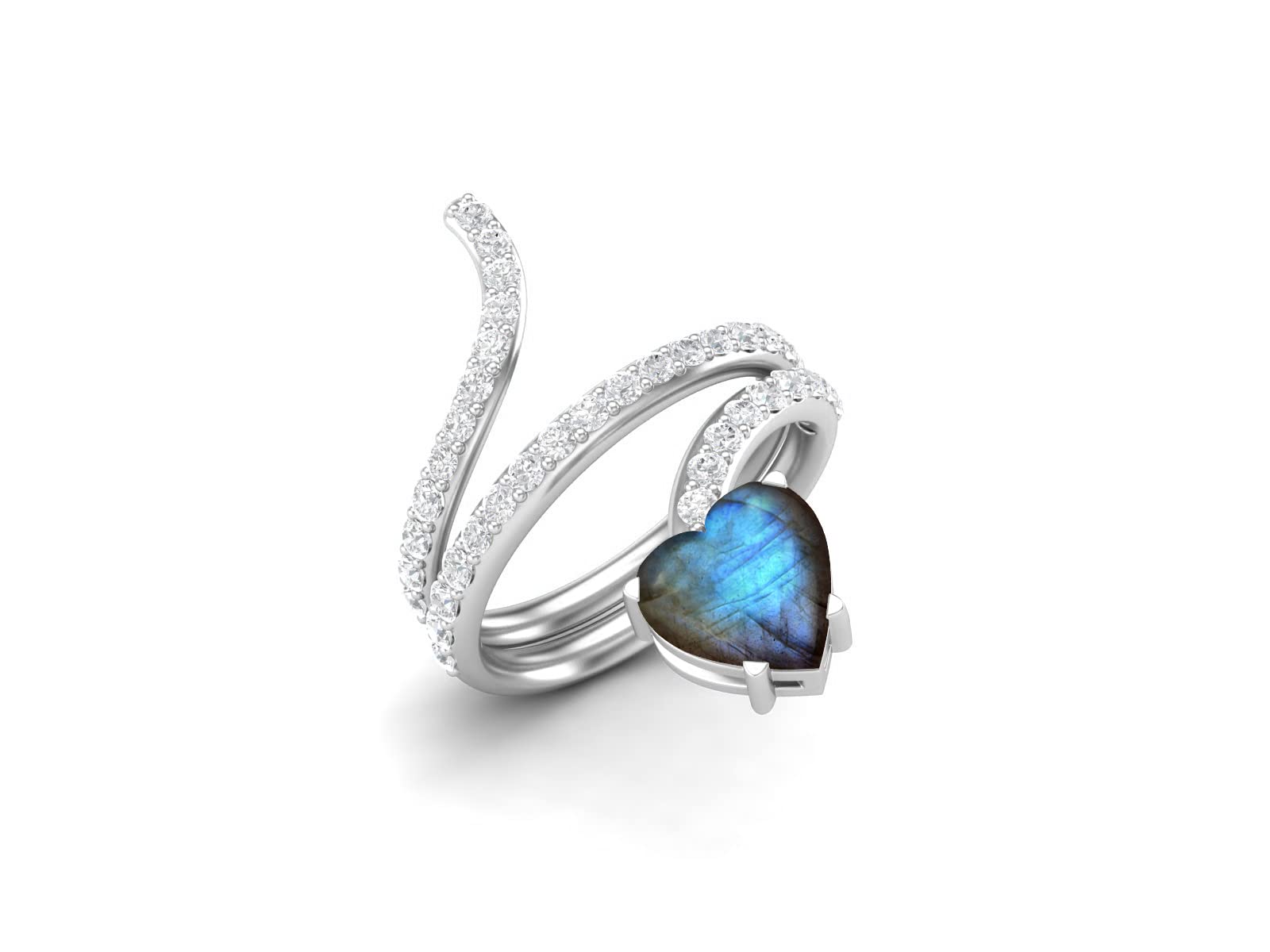 MOONEYE 7MM Heart Shape Wrap Bypass Snake Ring Natural Labradorite 925 Sterling Silver Women Wedding Rings (Sterling Silver, 8)