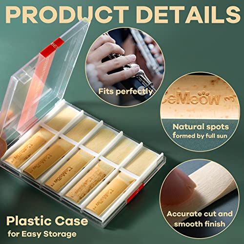 Clarinet Reeds 2.5, CeMeow Traditional Reeds for Clarinet Beginner 10Pack with Plastic Box, Thinner Reed Tip Advanced Cutting Technology for Clarinet Beginner and Player