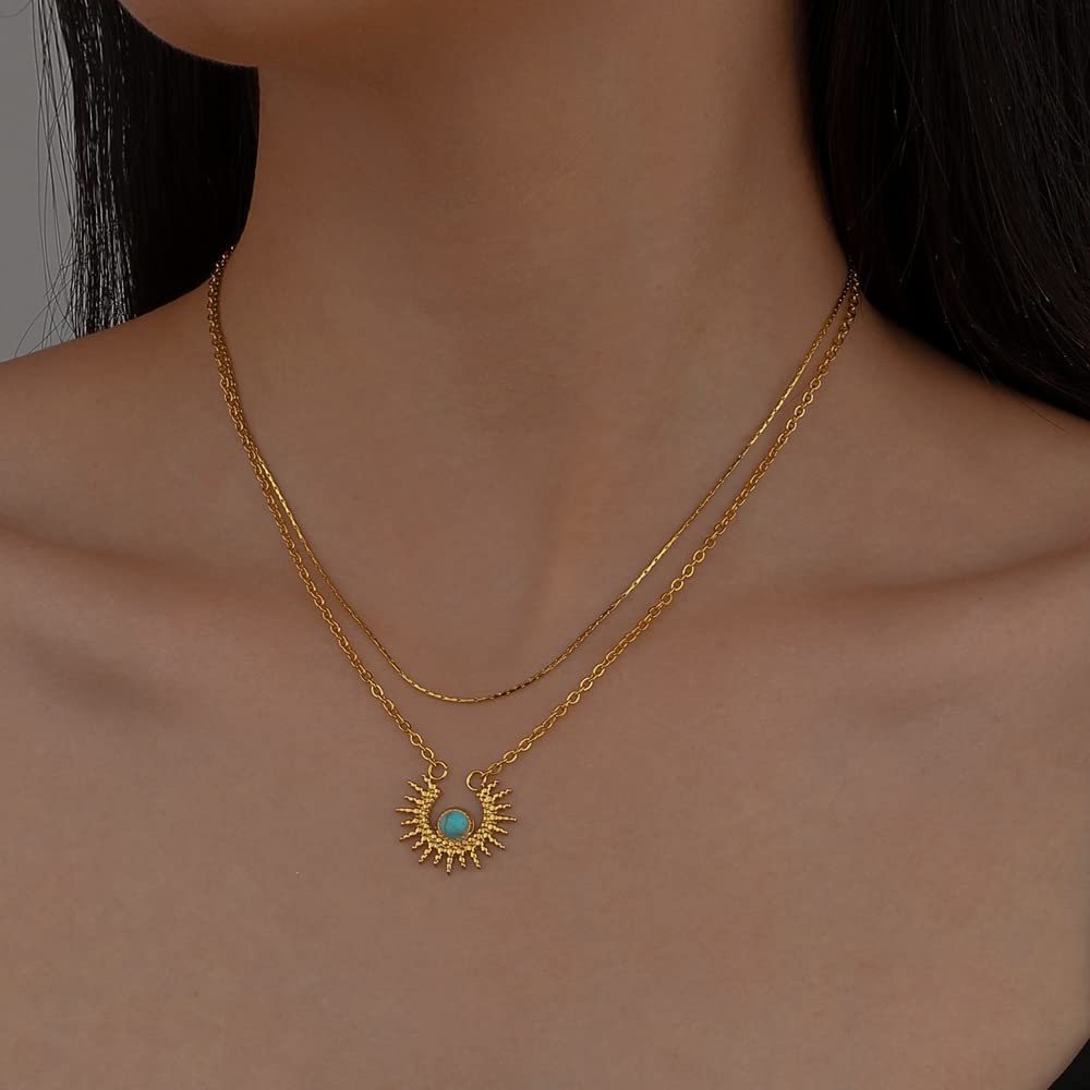 UniLogue Titanium Steel Gold Link Chain Necklace, Sun with Turquoise Pendant Female Necklace Jewelry Gift for Women (Layered Chain Sun with Turquoise Pendant)