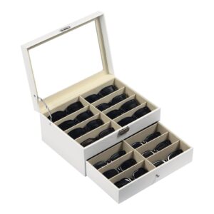 autoark leather 16 piece eyeglasses storage and sunglass glasses display drawer lockable case organizer,white,aw-151