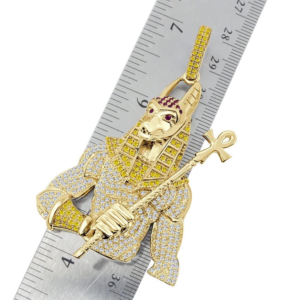 38+ Grams Big 3'' Real Authentic Sterling Silver 3.00 Cwt. Simulated Diamond 14K Gold Over Egyptian God Anubis Ankh Cross Custom Pendant Pharaoh Charm (Yellow Gold Finish)