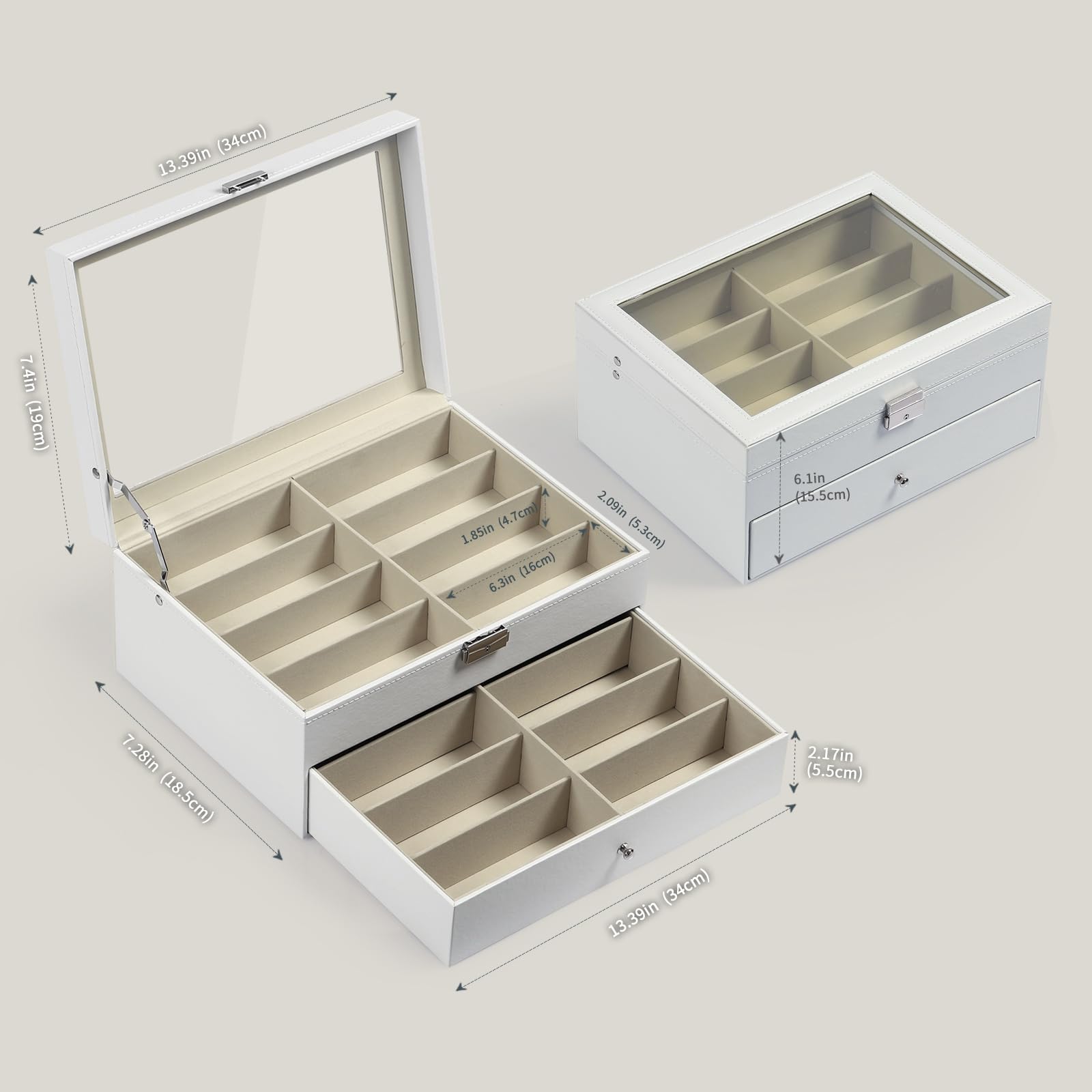 AUTOARK Leather 16 Piece Eyeglasses Storage and Sunglass Glasses Display Drawer Lockable Case Organizer,White,AW-151