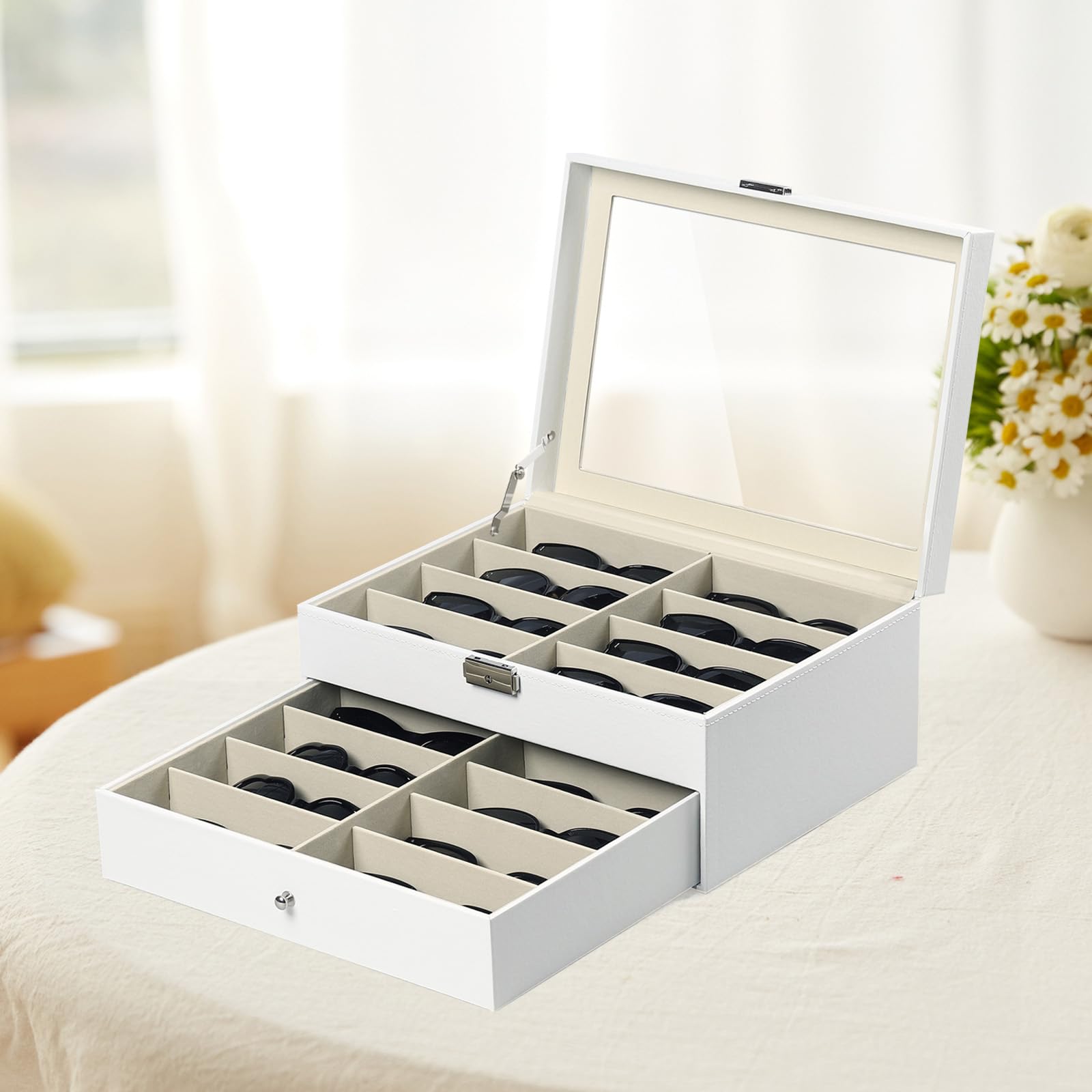 AUTOARK Leather 16 Piece Eyeglasses Storage and Sunglass Glasses Display Drawer Lockable Case Organizer,White,AW-151