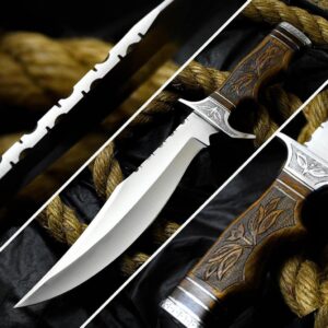 2a's Knives Handmade D2 Steel Bowie Knife with Sheath, This Cutting Knife has Hand Engraved Wood Handle.