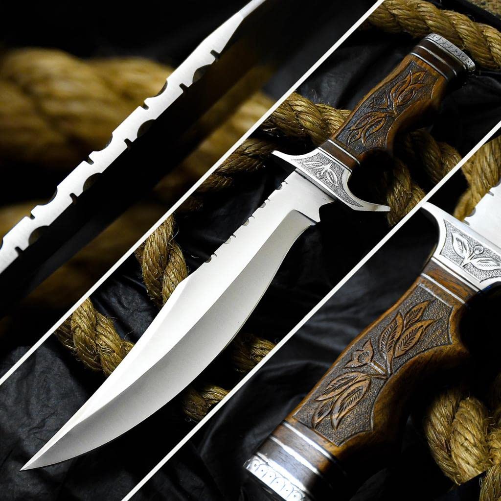 2a's Knives Handmade D2 Steel Bowie Knife with Sheath, This Cutting Knife has Hand Engraved Wood Handle.