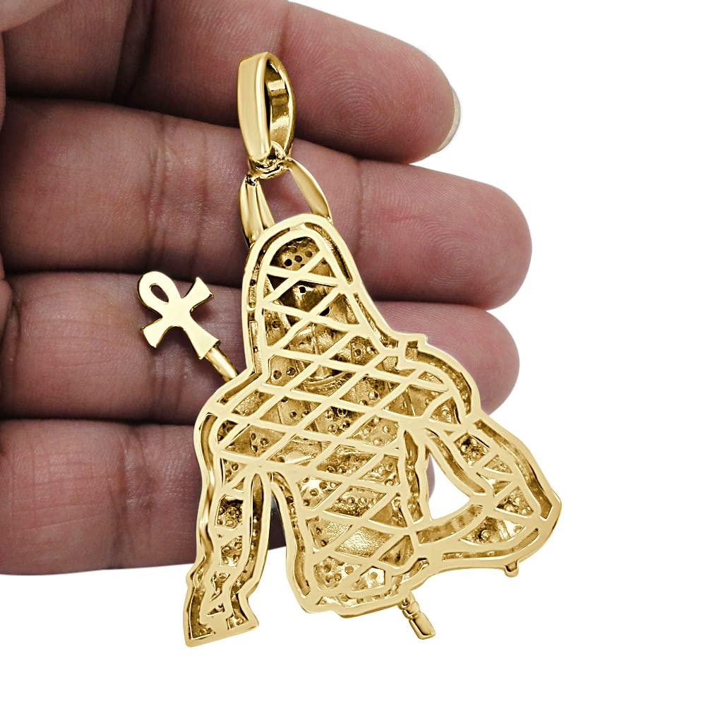 38+ Grams Big 3'' Real Authentic Sterling Silver 3.00 Cwt. Simulated Diamond 14K Gold Over Egyptian God Anubis Ankh Cross Custom Pendant Pharaoh Charm (Yellow Gold Finish)