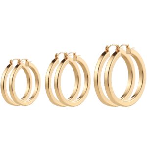 3 pairs big gold hoop earrings set for women 14k gold plated, hypoallergenic stainless steel post chunky twisted hoops earring for women girls. (3 gold square hoop)