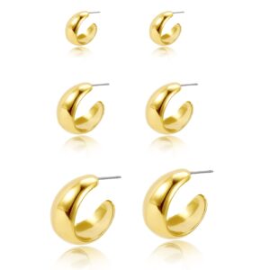 gold hoops chunky earring set - 14k real gold plated hypoallergenic waterproof chunky teardrop half open huggie earrings set for women trendy jewelry