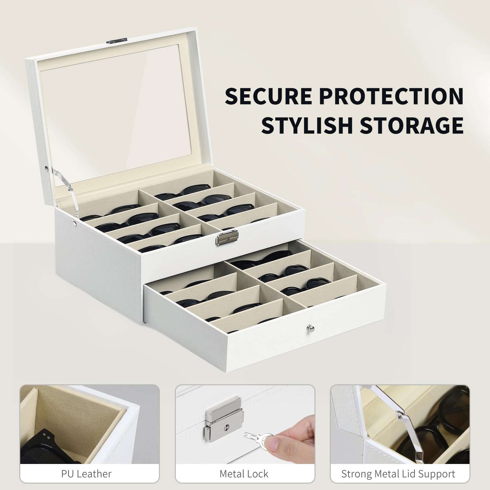 AUTOARK Leather 16 Piece Eyeglasses Storage and Sunglass Glasses Display Drawer Lockable Case Organizer,White,AW-151