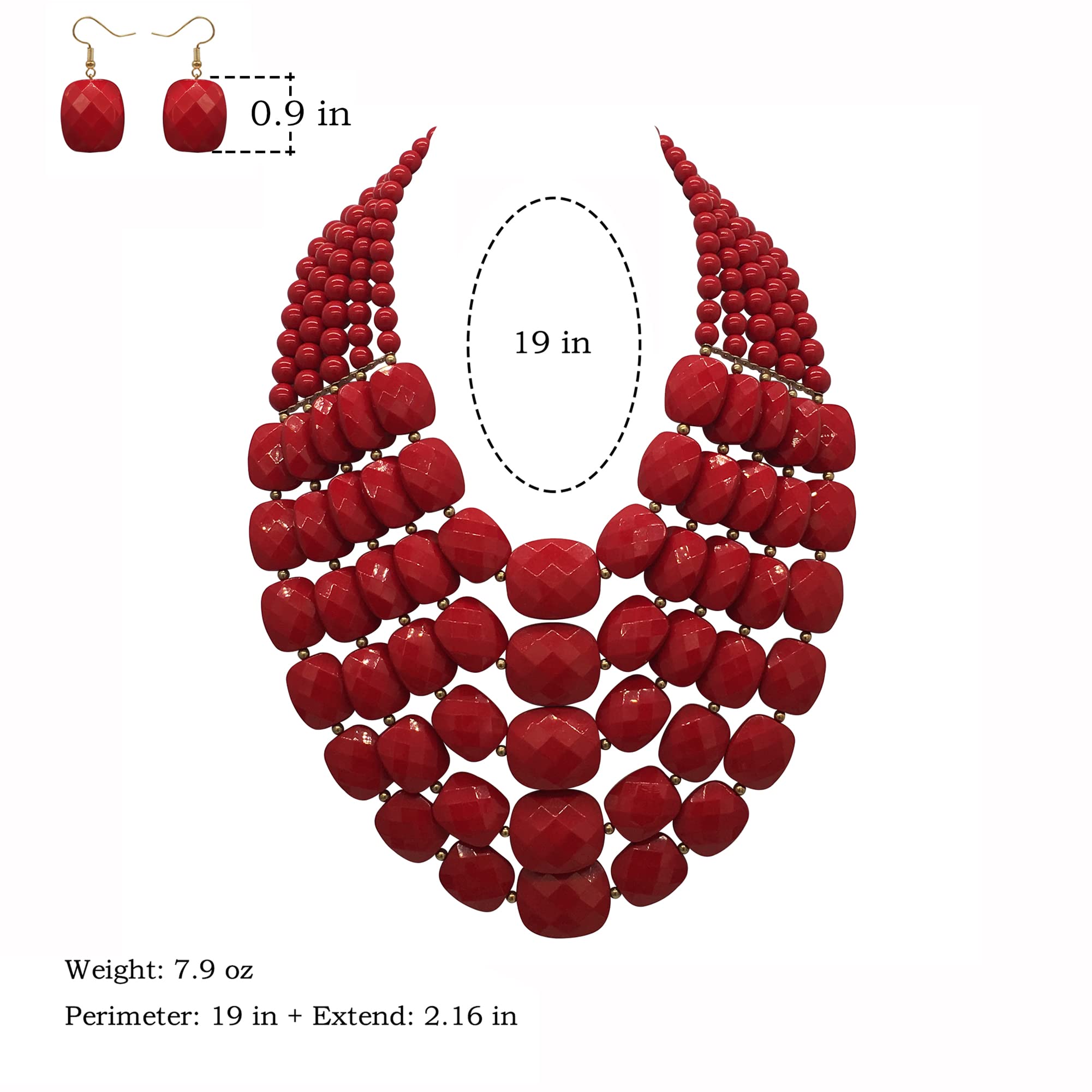 JHWZAIY 5 Layered Colorful Beaded Statement Chunky Necklaces For Women Fashion African Tribal Costume Jewelry Earring Set Multi Strand Bead Collar Choker Bib Handmade (5 layers red)