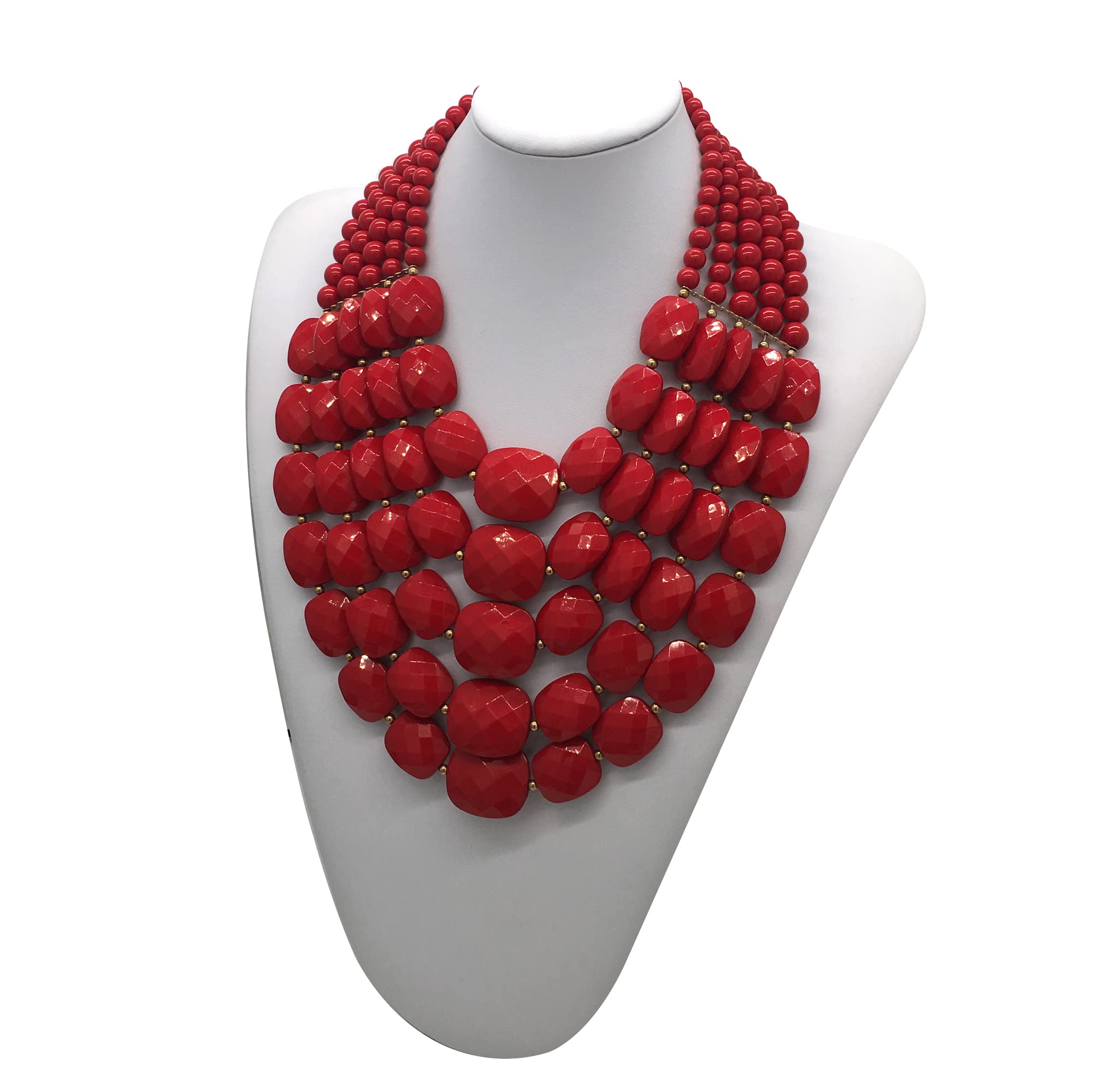 JHWZAIY 5 Layered Colorful Beaded Statement Chunky Necklaces For Women Fashion African Tribal Costume Jewelry Earring Set Multi Strand Bead Collar Choker Bib Handmade (5 layers red)