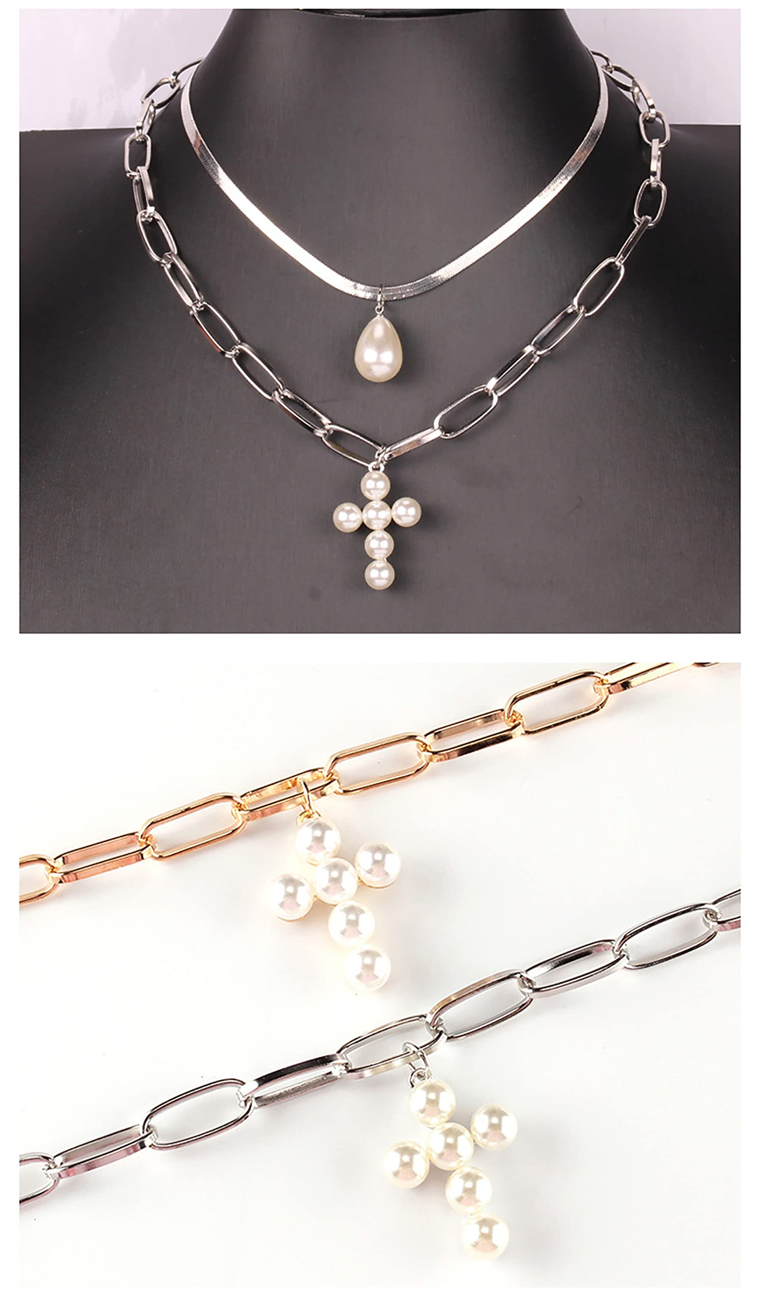 MUAYOUAUM Cross Faux Pearl GOLD Necklaces for Women SILVER