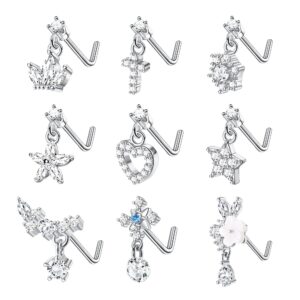 orazio 9 pcs dangle nose rings l shaped for women 20g stainless steel nose rings studs cz cross crown flower heart dangling nose rings piercing jewelry