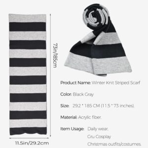 Gru Costume Scarf, Winter Cashmere Feel Knit Scarf for Men Women Classic Black Gray Striped Scarves Fall Lightweight Long Scarf Soft Shawl for Halloween Christmas Costume Father Gifts (Grey & Black)