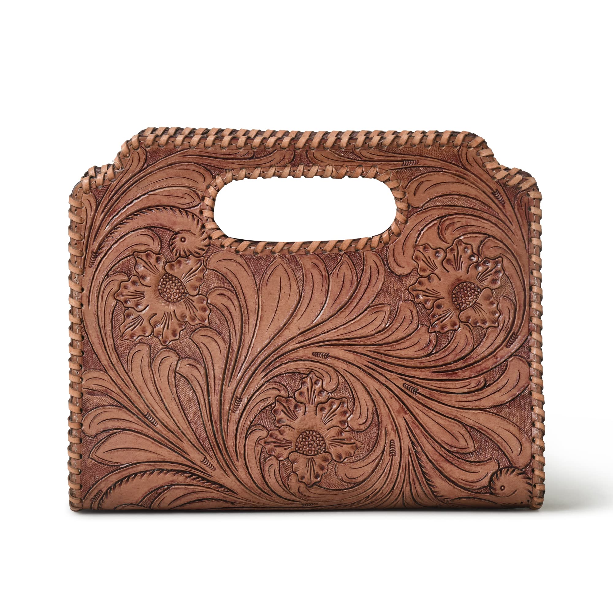 Western Handcrafted Leather Clutch Purse - Vintage Floral Design, Handmade Embossed Handbag for Women