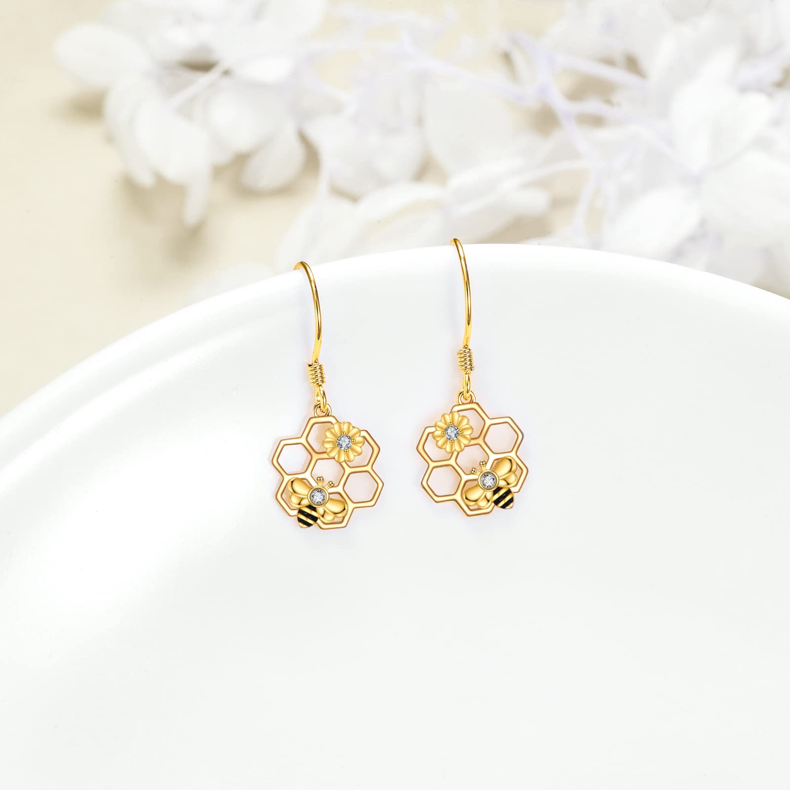 Gold Bee Earrings Gifts 14K Gold Honeycomb Bee Dangle Earrings Sunflower Flower Leverback Earrings Jewelry for Women Her Wife