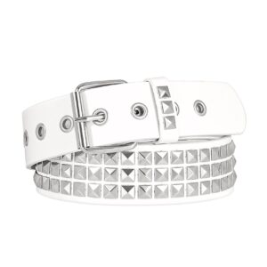 whippy women men rivet studded belt row pyramid square bead pu faux leather punk rock grommet belt for jeans,white,m